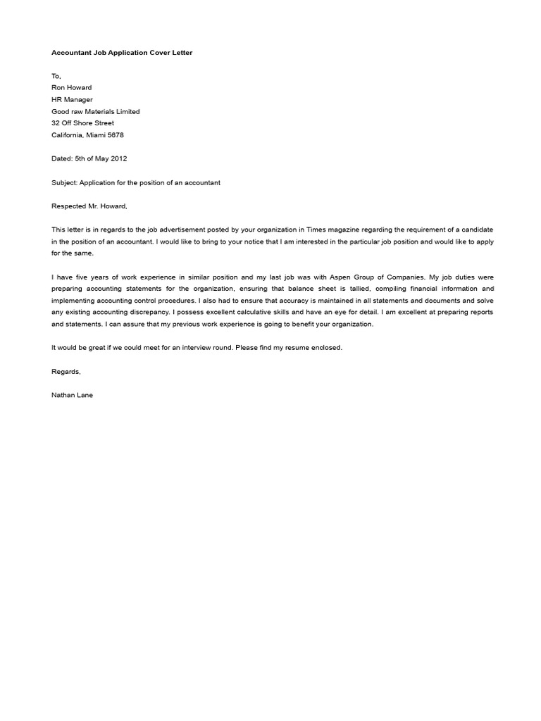 Accountant Job Application Cover Letter Template Word | PDF | Career ...