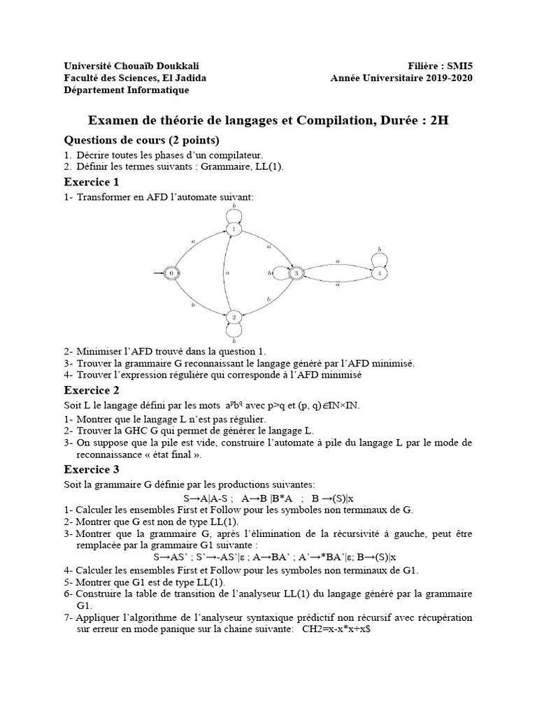 Examen sur les langages et automates | PDF