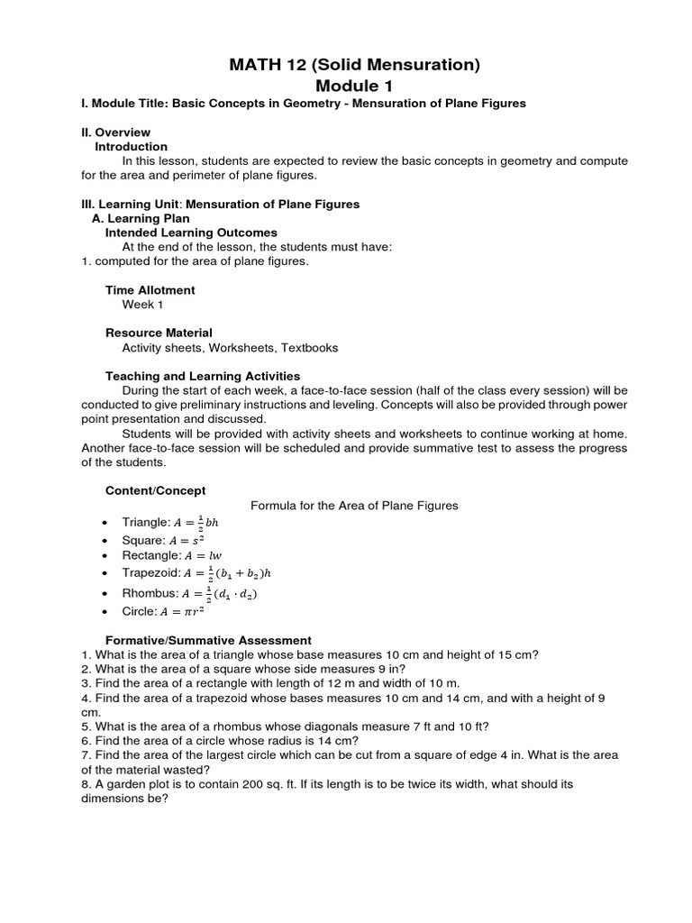 Solid Mensuration Module 1 | PDF | Area | Euclidean Plane Geometry