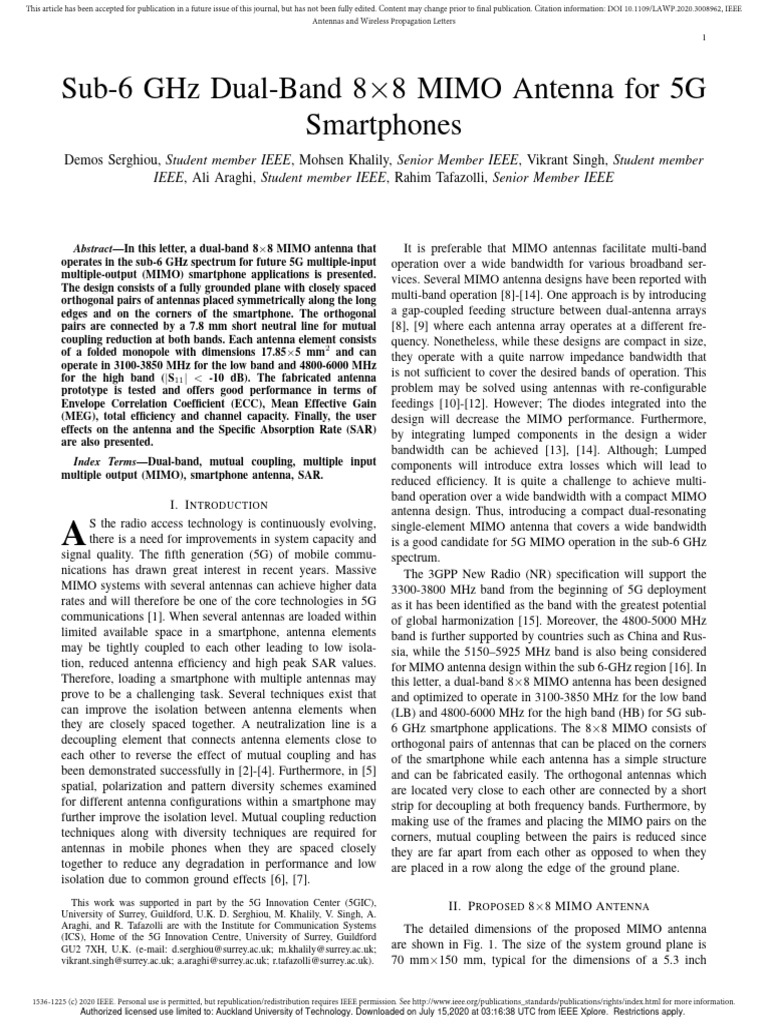Sub-6 GHZ Dual-Band 8-8 MIMO Antenna For 5G | PDF | Antenna (Radio) | Mimo
