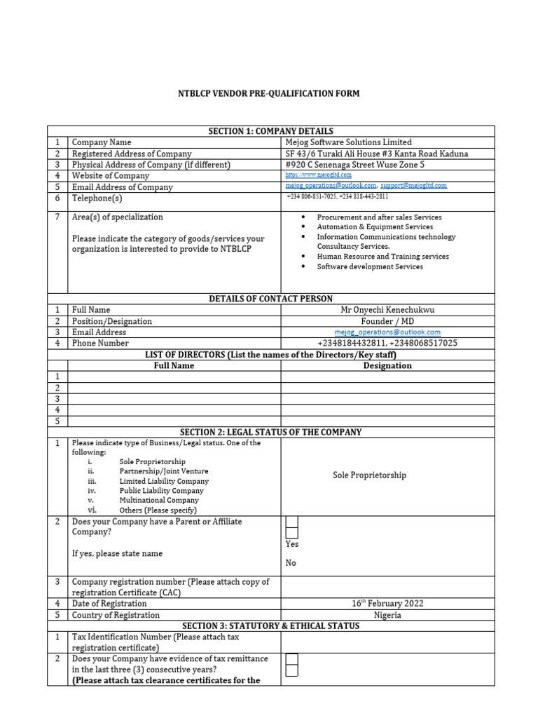 NTBLCP Vendor Prequalification Form | PDF | Bankruptcy | Business Economics