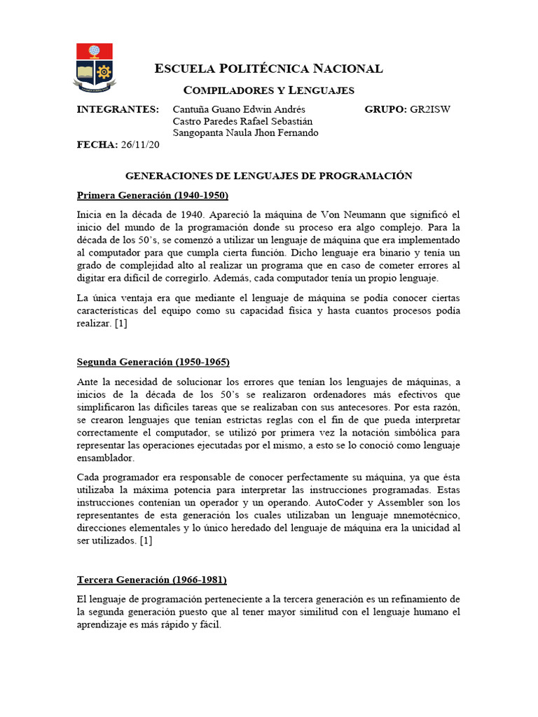 Historia de Los Lenguajes de Programación - Cantuña Andres, Castro ...