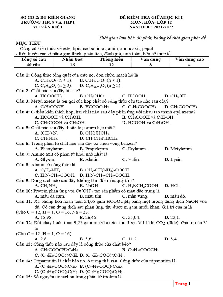 Đê Hóa 12 - Gi A Kì 1 - Azota | PDF
