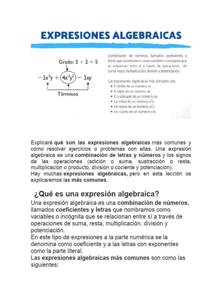 Expresiones Algebraicas: Tipos y Operaciones | PDF | Multiplicación ...