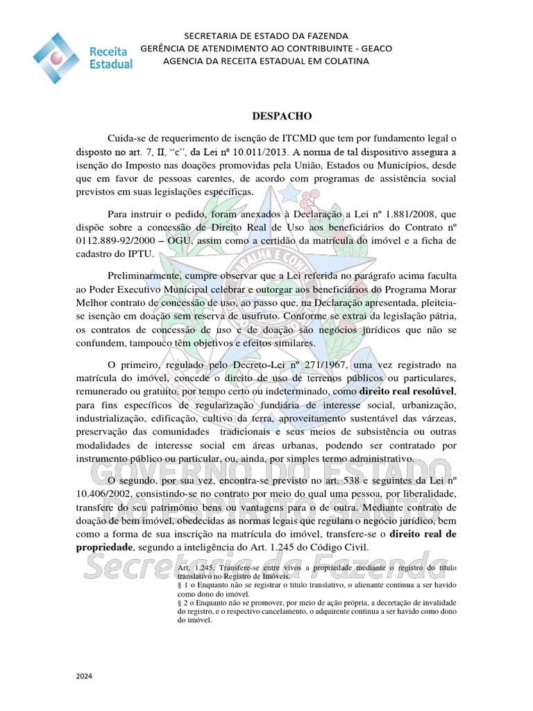 Isenção de ITCMD: Requisitos e Indeferimento | PDF | Doação | Imposto ...
