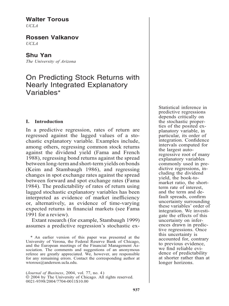 On Predicting Stock Returns With Nearly Integrated Explanatory Variables | PDF | Regression ...