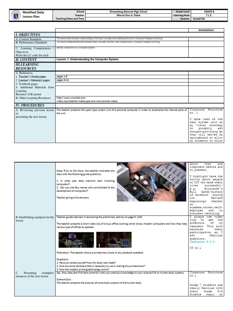 Grade 8 Computer Hardware Lesson Plan | PDF | Computer Hardware | Computing
