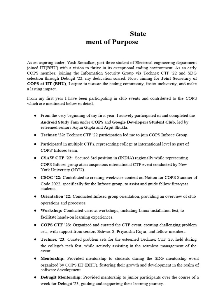 Statement of Purpose - COPS IIT (BHU) | PDF