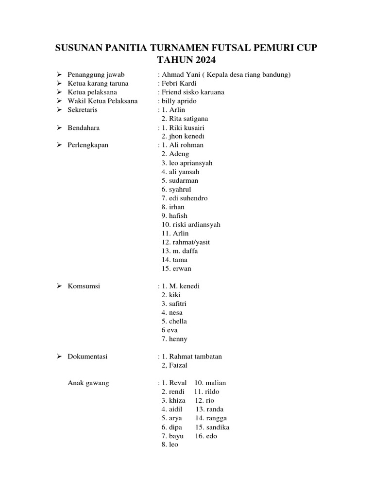 Susunan Panitia Turnamen Futsal Pemuri Cup 2024 | PDF