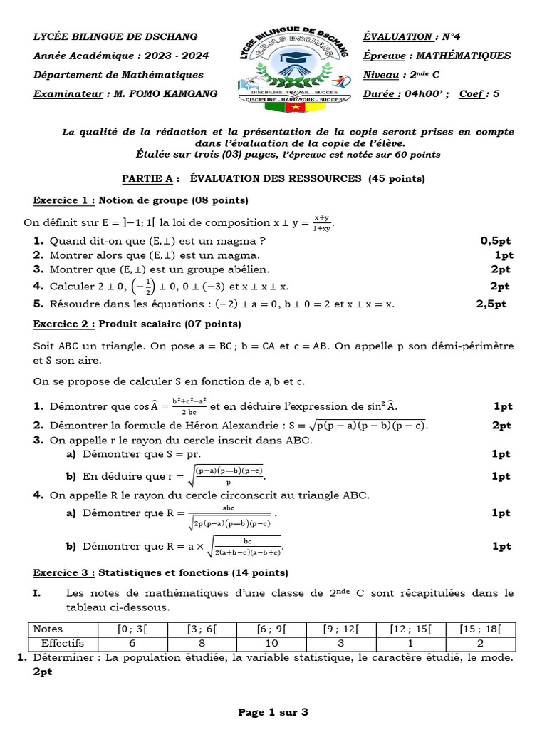 Évaluation de Maths 2nde C - 2023-2024 | PDF | Cercle | Statistiques