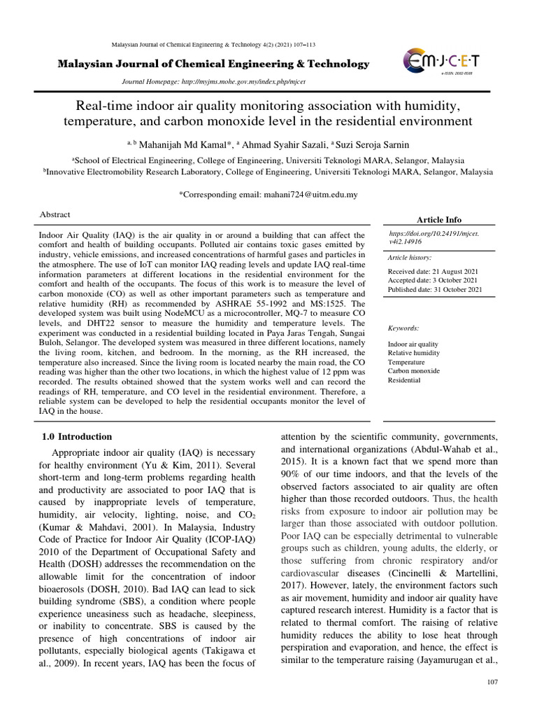 Real-Time Indoor Air Quality Monitoring Association With Humidity, Temperature, and Carbon ...