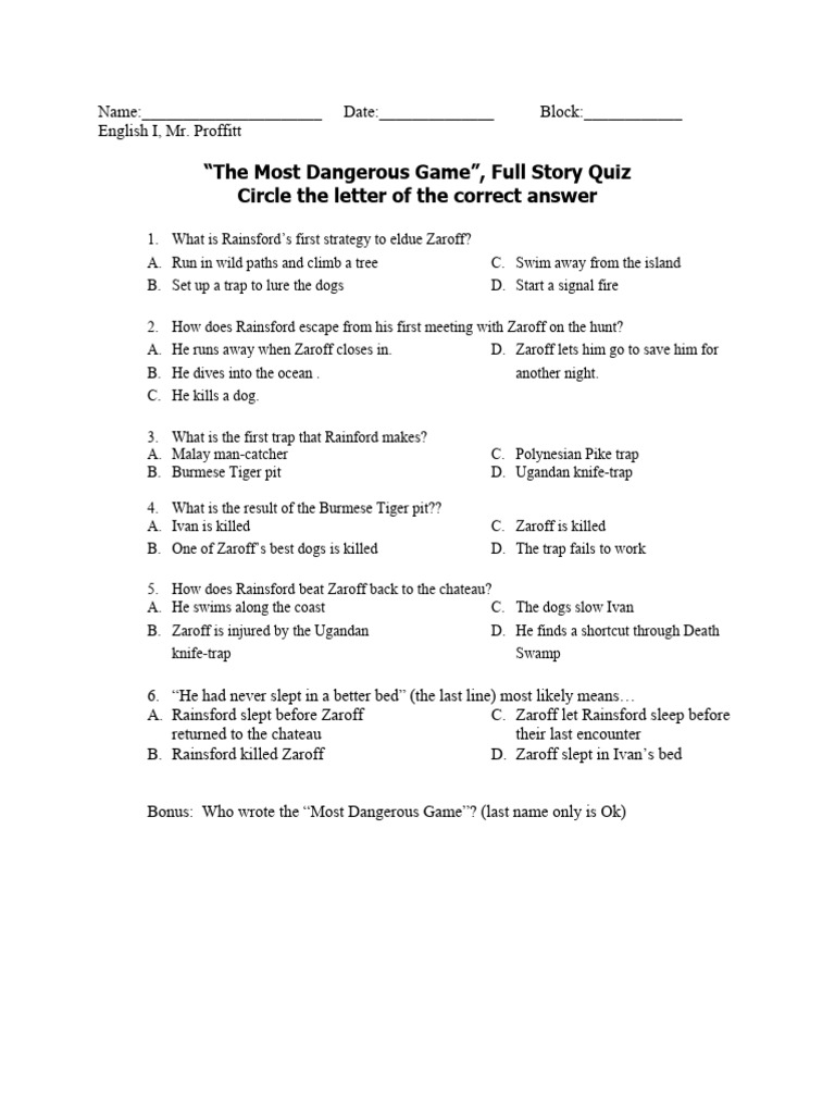 "The Most Dangerous Game" Quiz | PDF | Language Arts & Discipline | History