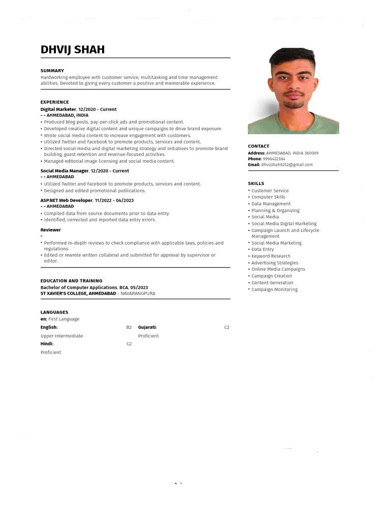 Dhvij Shah Resume | Download Free PDF | Popular Culture & Media Studies | Social Media