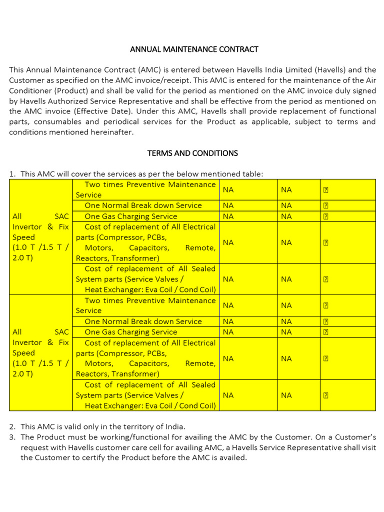 Havells AC Annual Maintenance Contract | PDF | Payments | Cheque