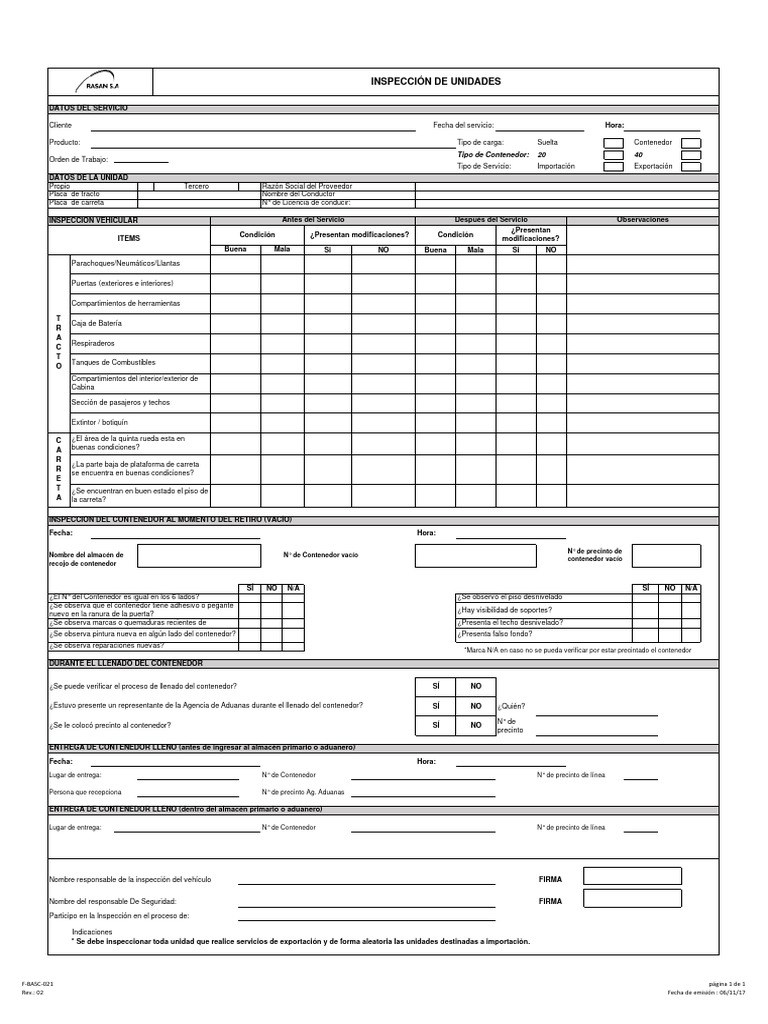 1.1 F-BASC-021 Rev. 2 Inspección de Unidades Rev. 02 | PDF | aduana ...