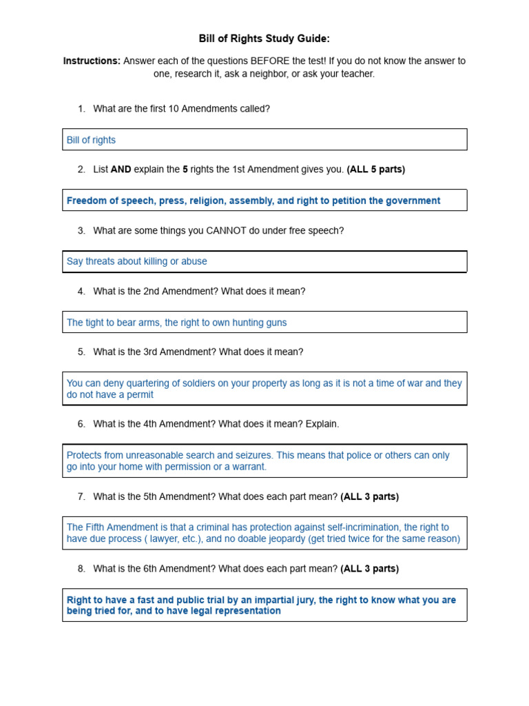 Bill of Rights Study Guide | PDF | Social Science | Law