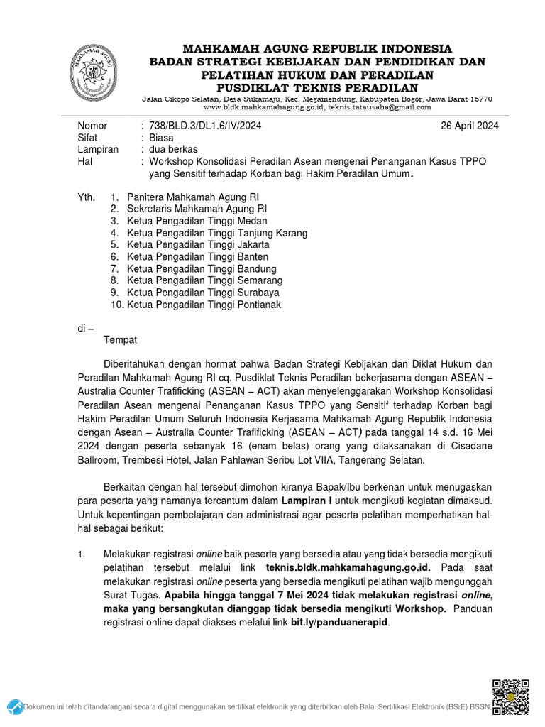 738-BLD3-Workshop Konsolidasi Peradilan Asean Mengenai Penanganan Kasus TPPO | PDF