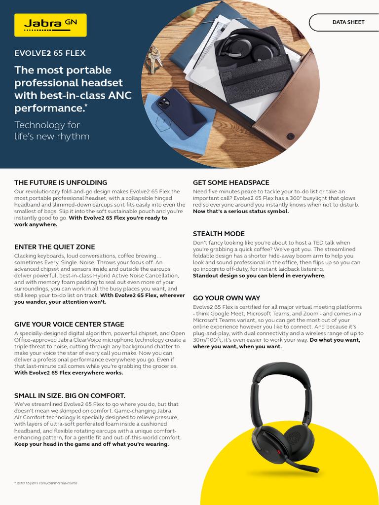 EN Jabra Evolve2 65 Flex Data Sheet A4 WEB 140323 | PDF | Bluetooth | Microphone