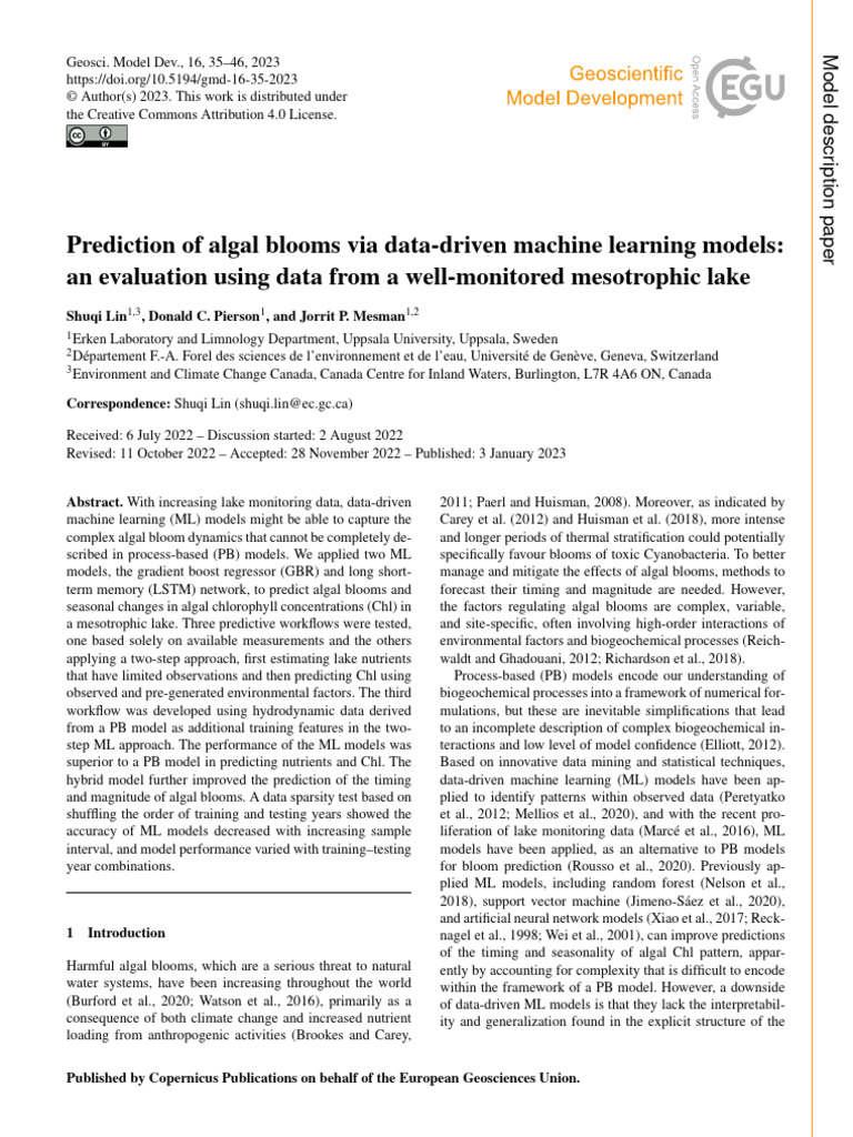 Prediction of algal blooms via data-driven machine learning models: an ... Prediction of algal blooms via data-driven machine learning models: an ...