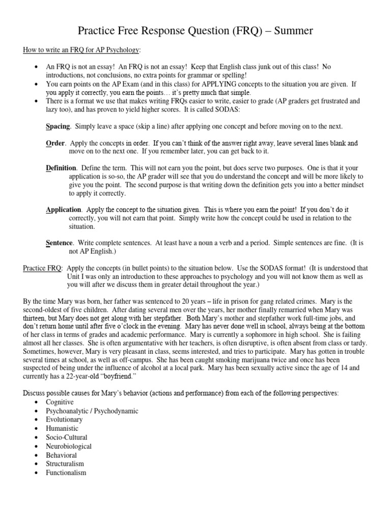 AP Psychology Summer Practice Free Response | PDF | Psychological ...