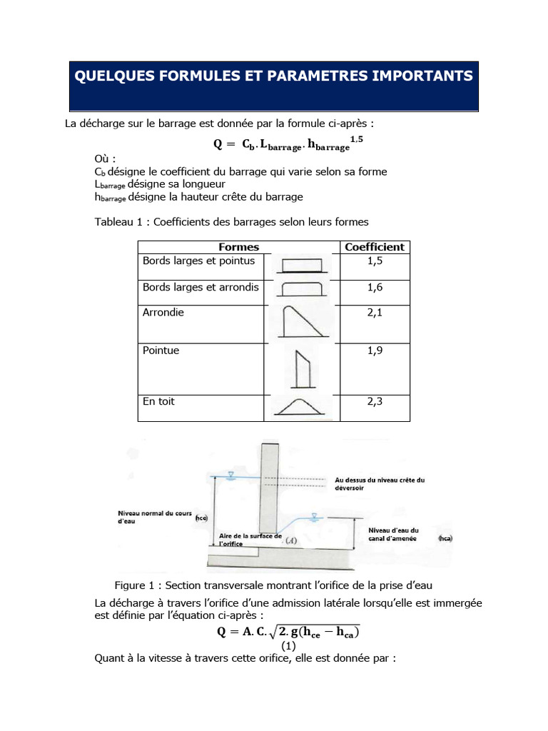 Coefficient de décharge et formules clés | PDF | Sédiment | Barrage