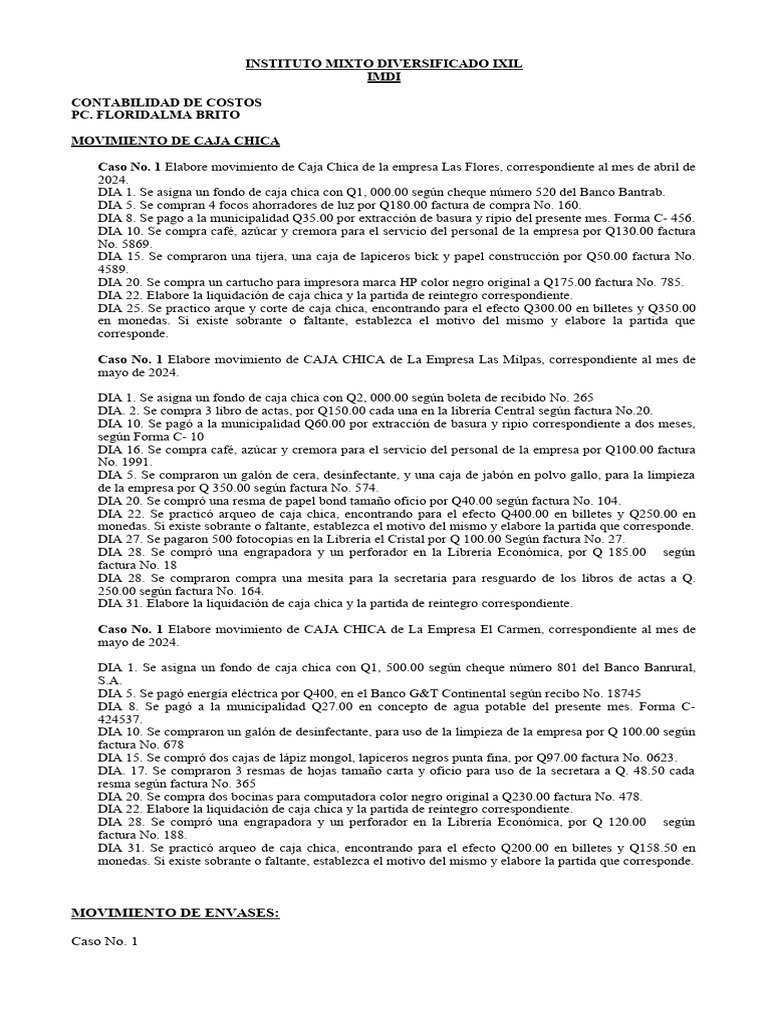 Ejercicios de Caja Chica y Envases 2024 | PDF | Industrias de servicio | Economias
