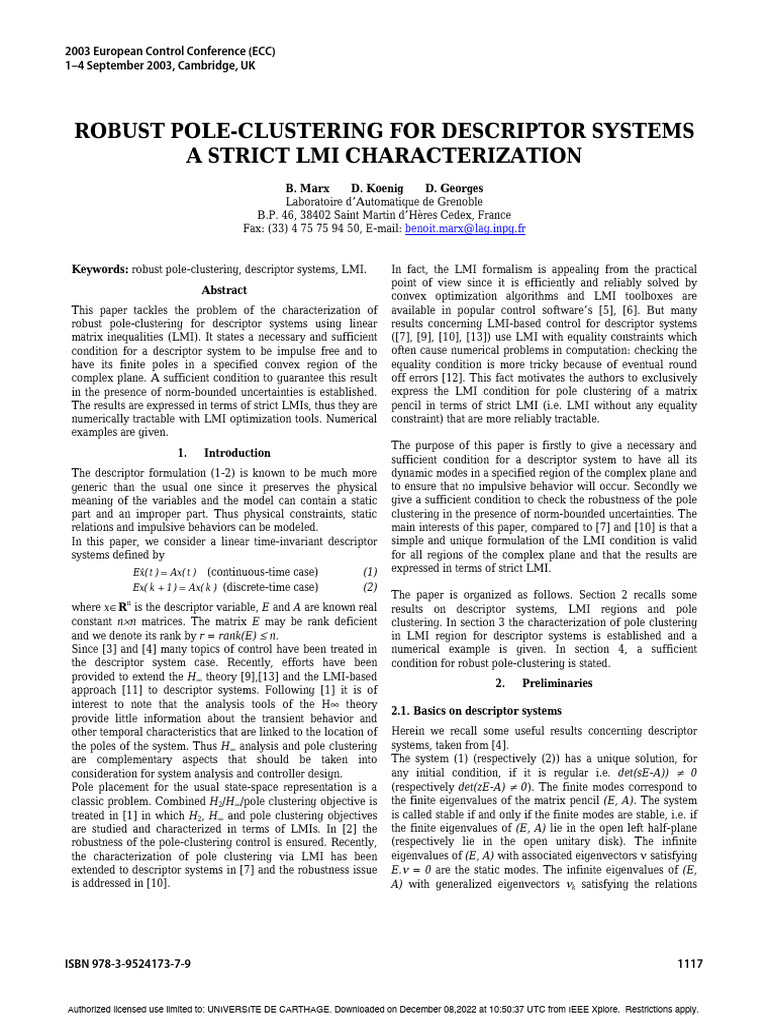 Robust Pole Clustering For Descriptor Systems A Strict Lmi Characterization Pdf Eigenvalues