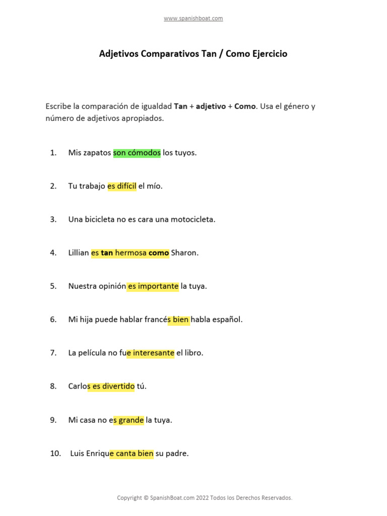 Adjetivos Comparativos Tan Como Ejercicio | PDF