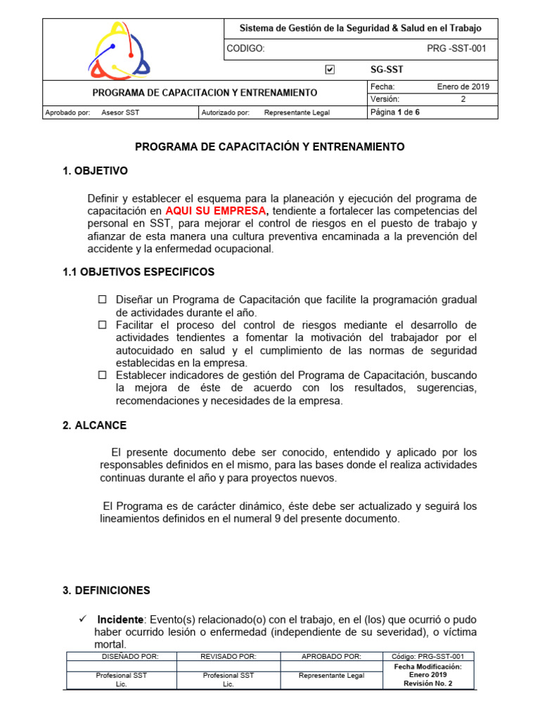 1 PRG SST 001 Programa de Capacitación y Entrenamiento | Descargar ...