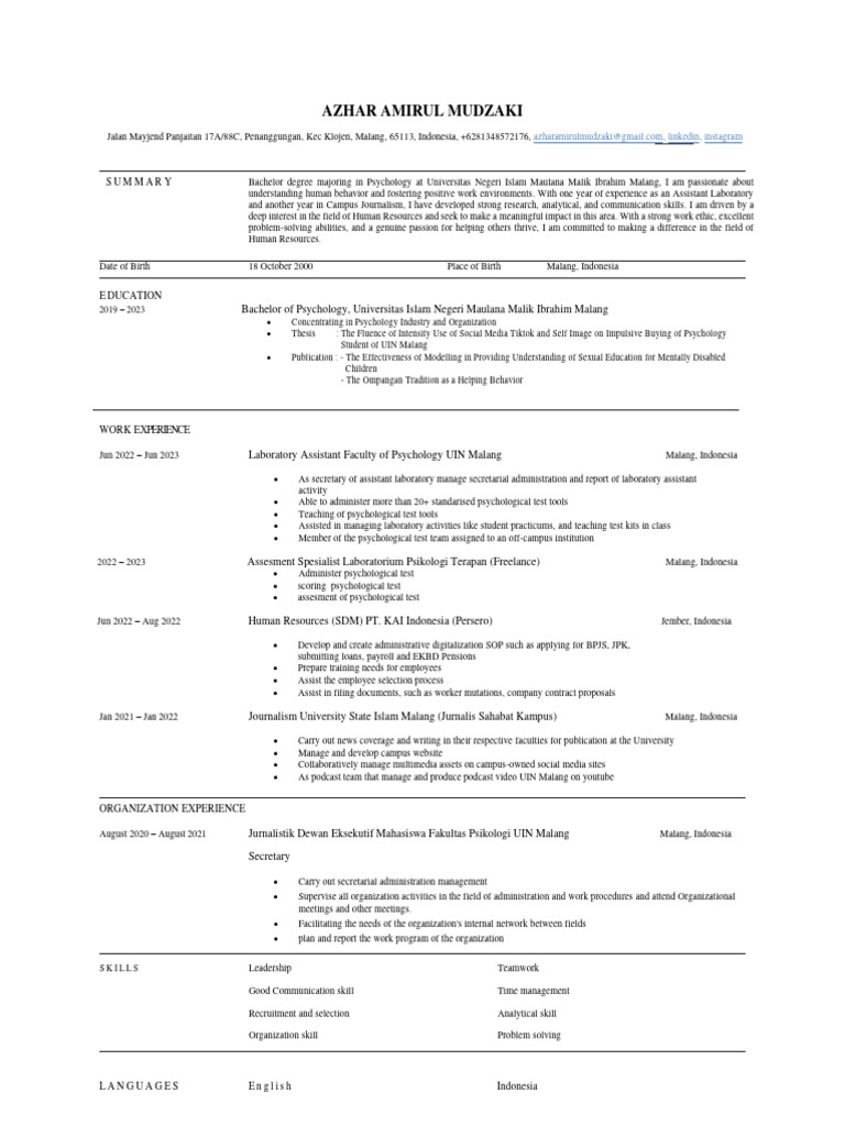 CV Azhar Amirul Mudzaki | Download Free PDF | Psychology | Psychological Concepts
