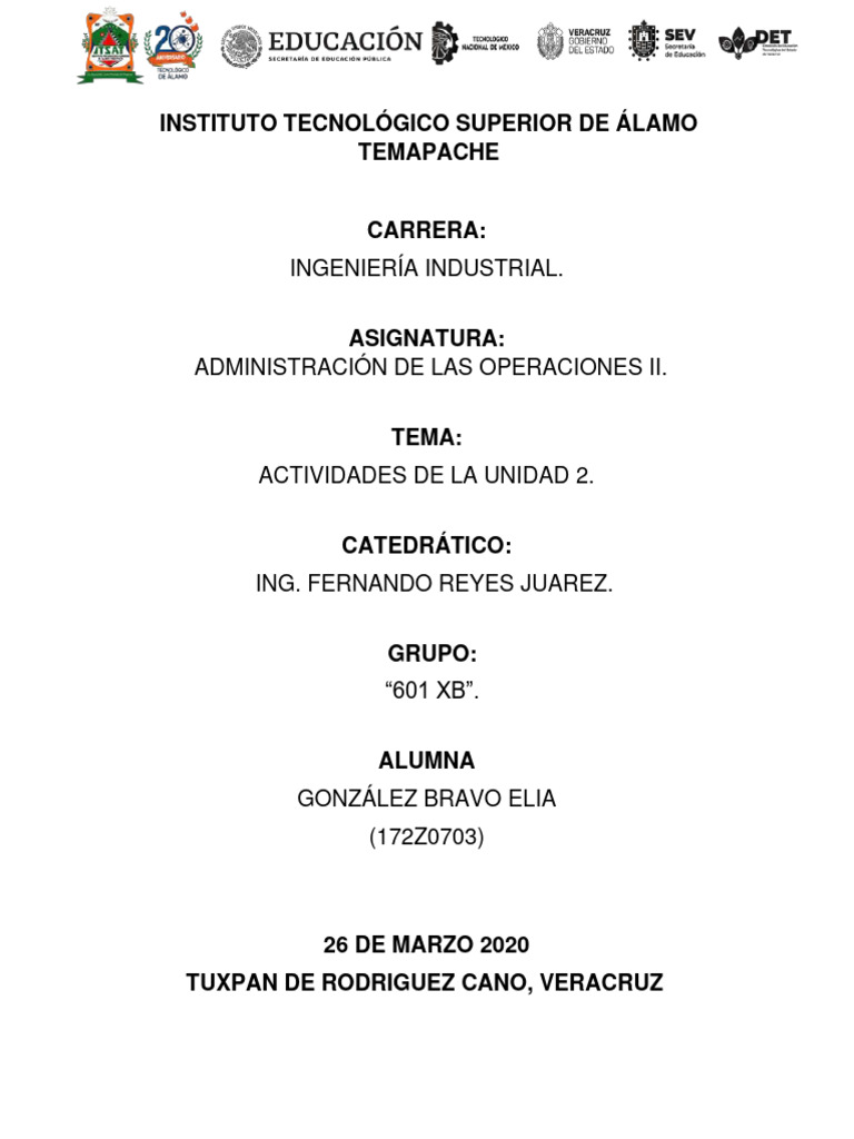 Act. U2 Admo de Las Operaciones Elia Glez | PDF | Planificación | Business