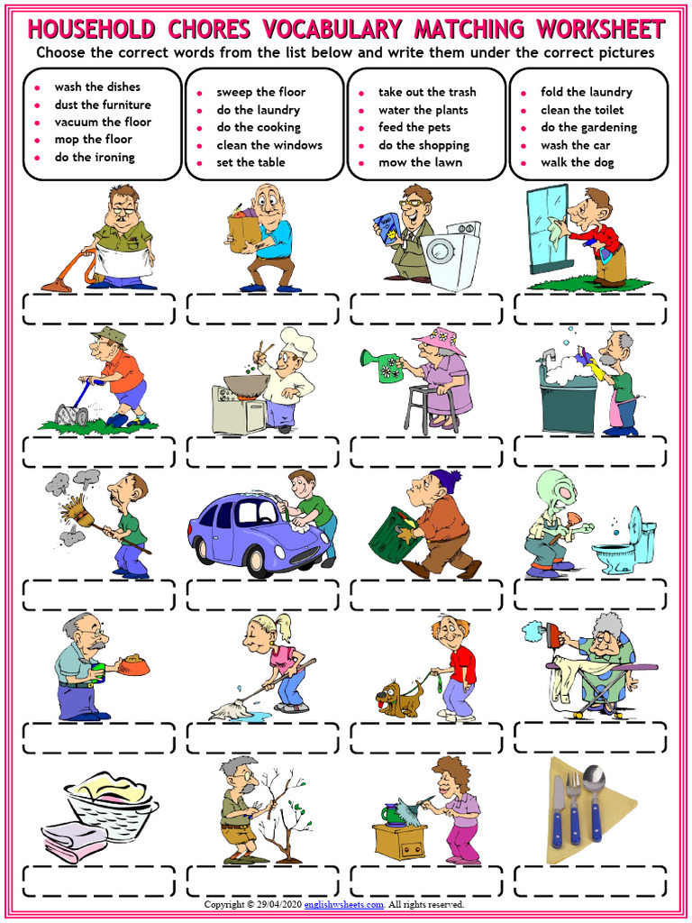 Household Chores Vocabulary Esl Matching Exercise Worksheet For Kids ...