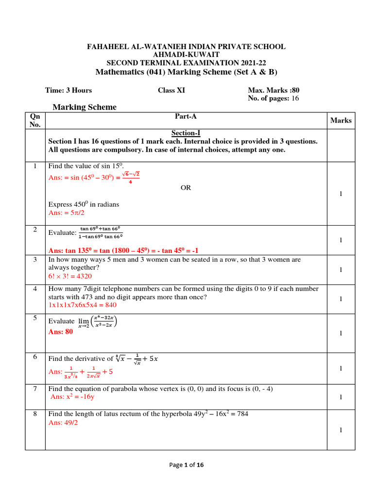 Math answer Key-Cl 11-T2-Set A and B - 2021-22 | PDF | Euclidean Geometry | Elementary Geometry