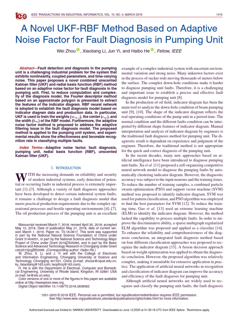 (2019-TII) A Novel UKF-RBF Method Based On Adaptive Noise Factor For Fault Diagnosis in Pumping ...
