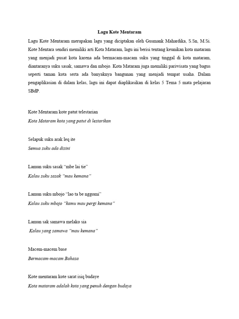 Lagu Kote Mentaram: Keunikan Kota Mataram | PDF | Seni & Disiplin ...