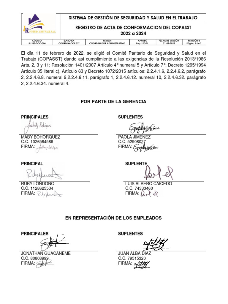 Jr Sst Doc 006 Registro De Acta De Conformacion Del Copasst Y Ccl 2022