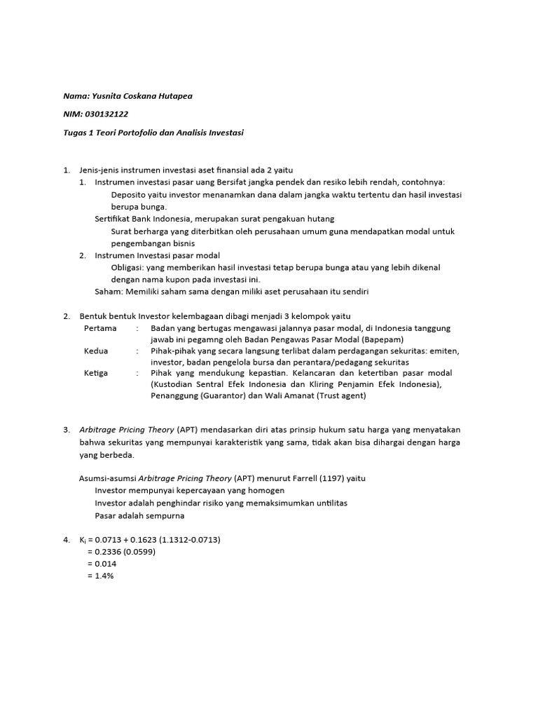 Tugas 1 Teori Portofolio Dan Analisis Investasi | PDF