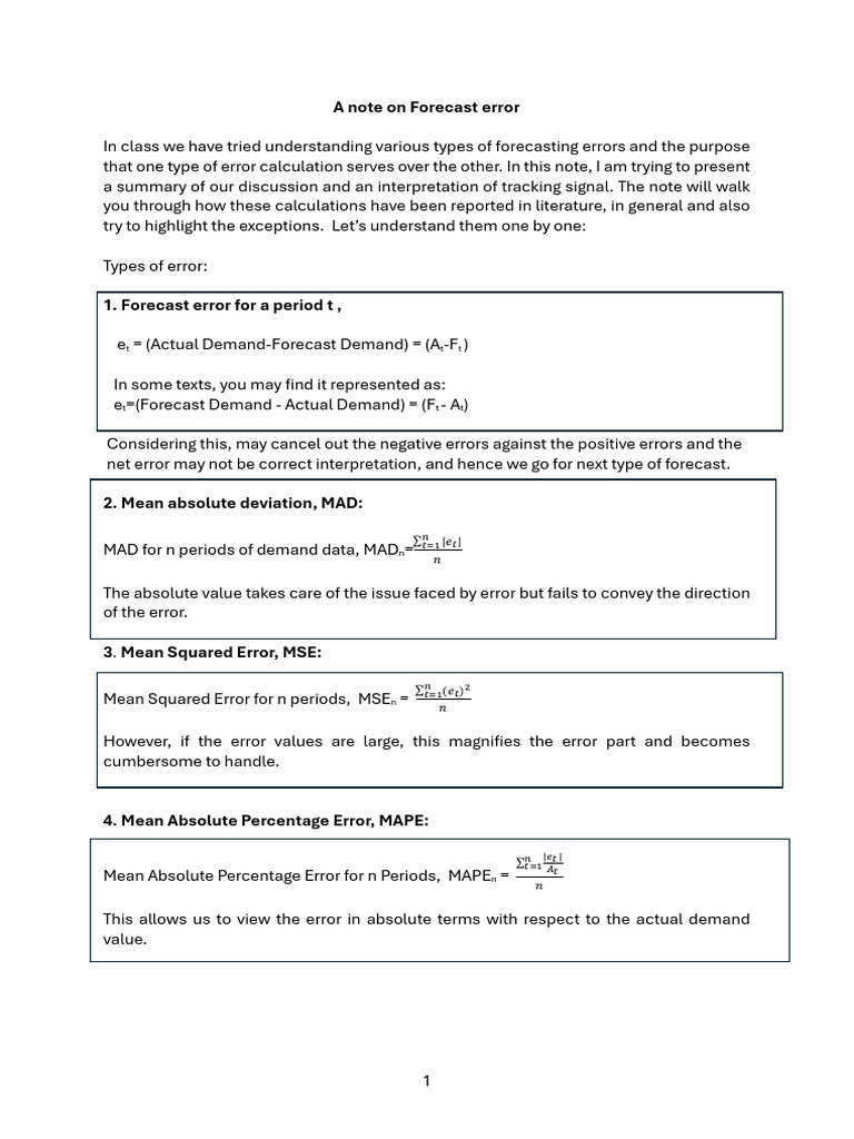 A Note On Forecast Error | PDF | Mean Squared Error | Forecasting