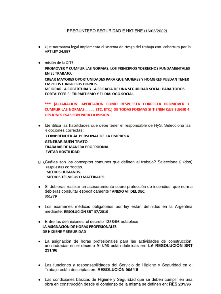 1 Preg Seg e Hig. 16.6.22 | PDF | Seguridad y salud ocupacional | Valores
