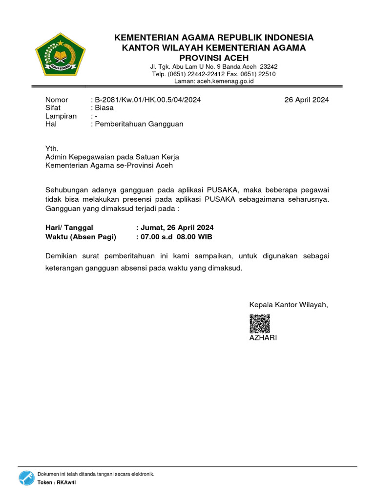 Surat Keterangan Absen Error Pagi (26042024) - TTE | PDF