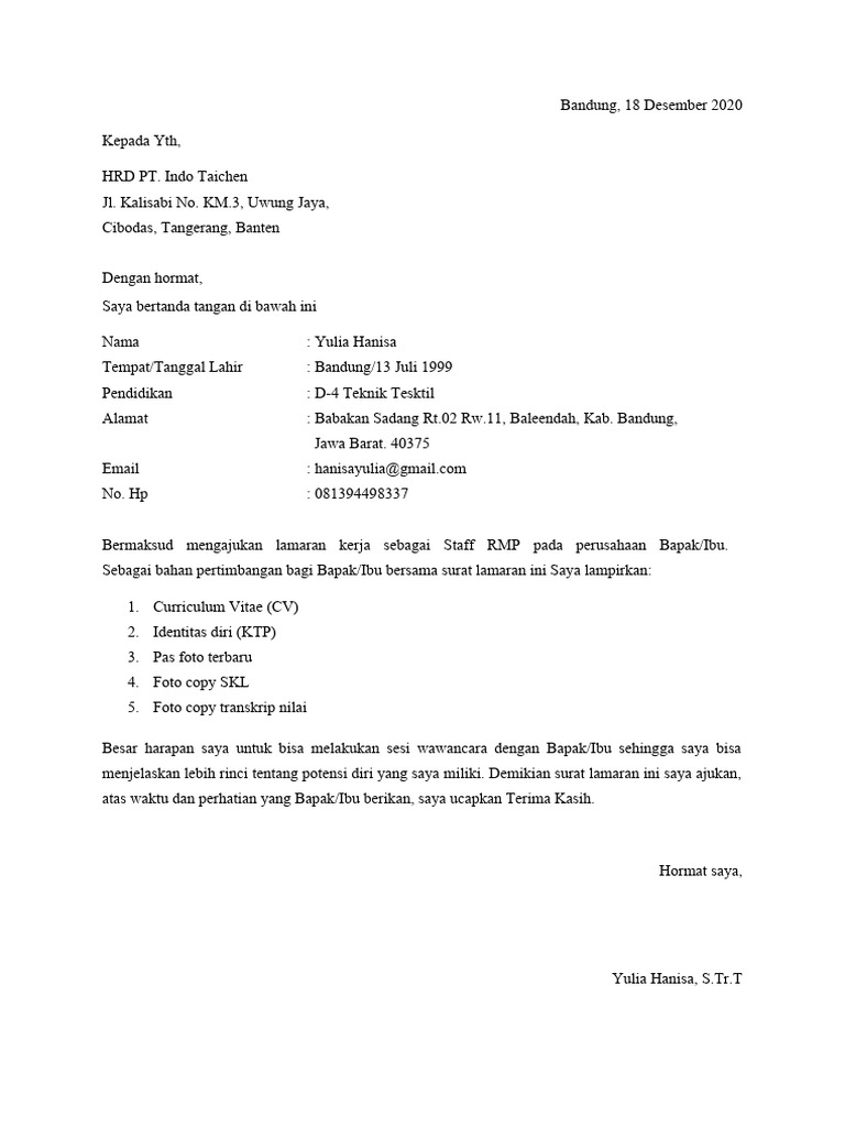Lamaran Kerja Staff RMP Yulia Hanisa | PDF | Ilmu Sosial