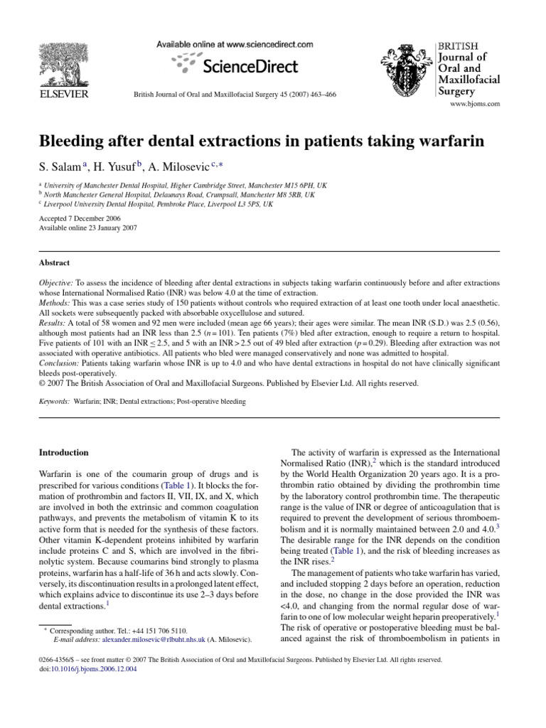 Bleeding After Dental Extractions in Patients Taking Warfarin. | PDF ...