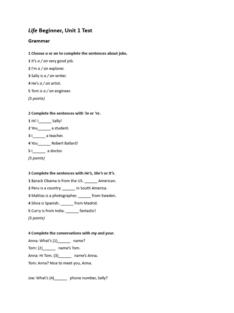 Life Beginner Unit 1 Test - Doc 032219 | PDF | Human Communication ...