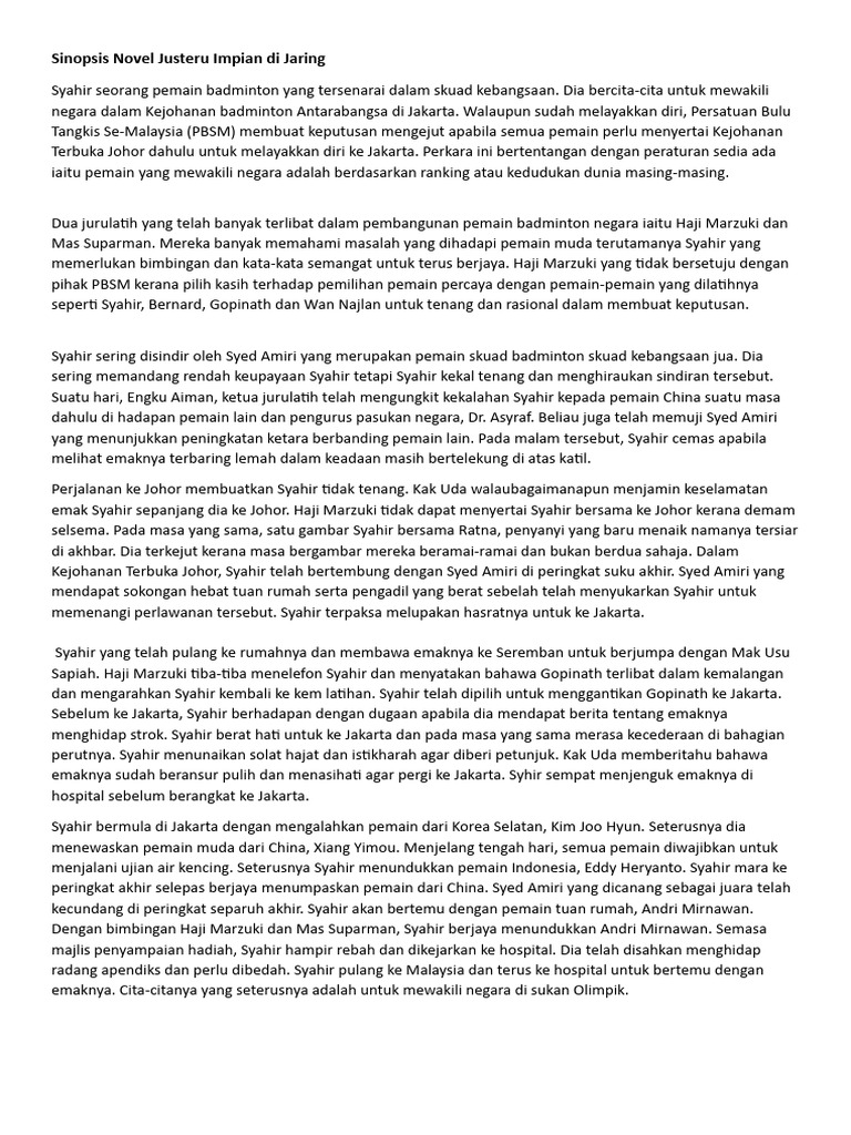 Sinopsis Novel Justeru Impian di Jaring | PDF
