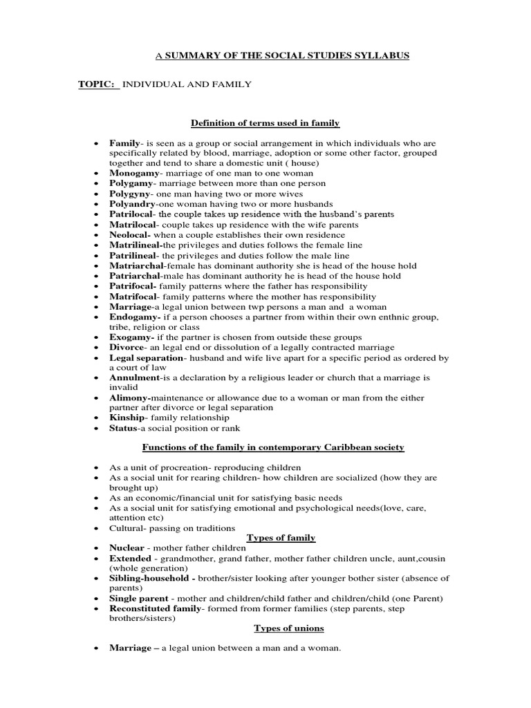 A SUMMARY OF THE SOCIAL STUDIES SYLLABUS (Updated) 2 | PDF | Marriage ...