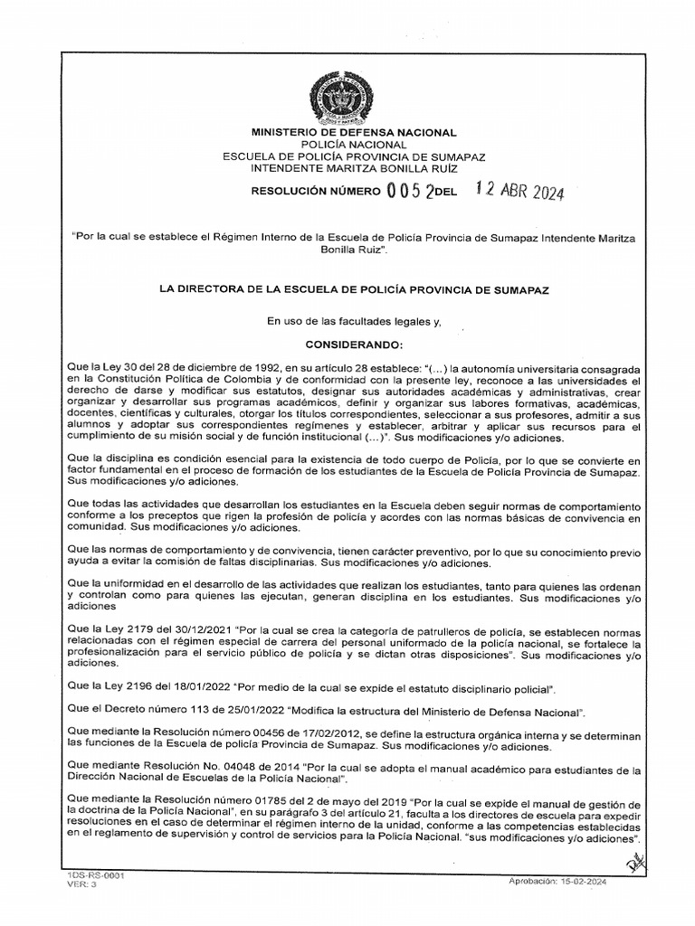 Resolución No. 0052 Del 12042024 Régimen Interno | PDF