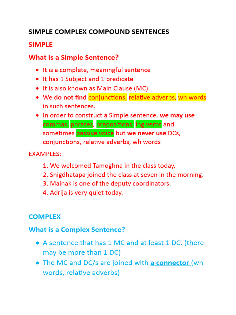 Simple Complex Compound Sentences (1) (1) | PDF | Linguistic Morphology | Grammar