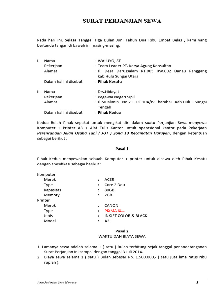 Surat Perjanjian Komp & Printer | PDF