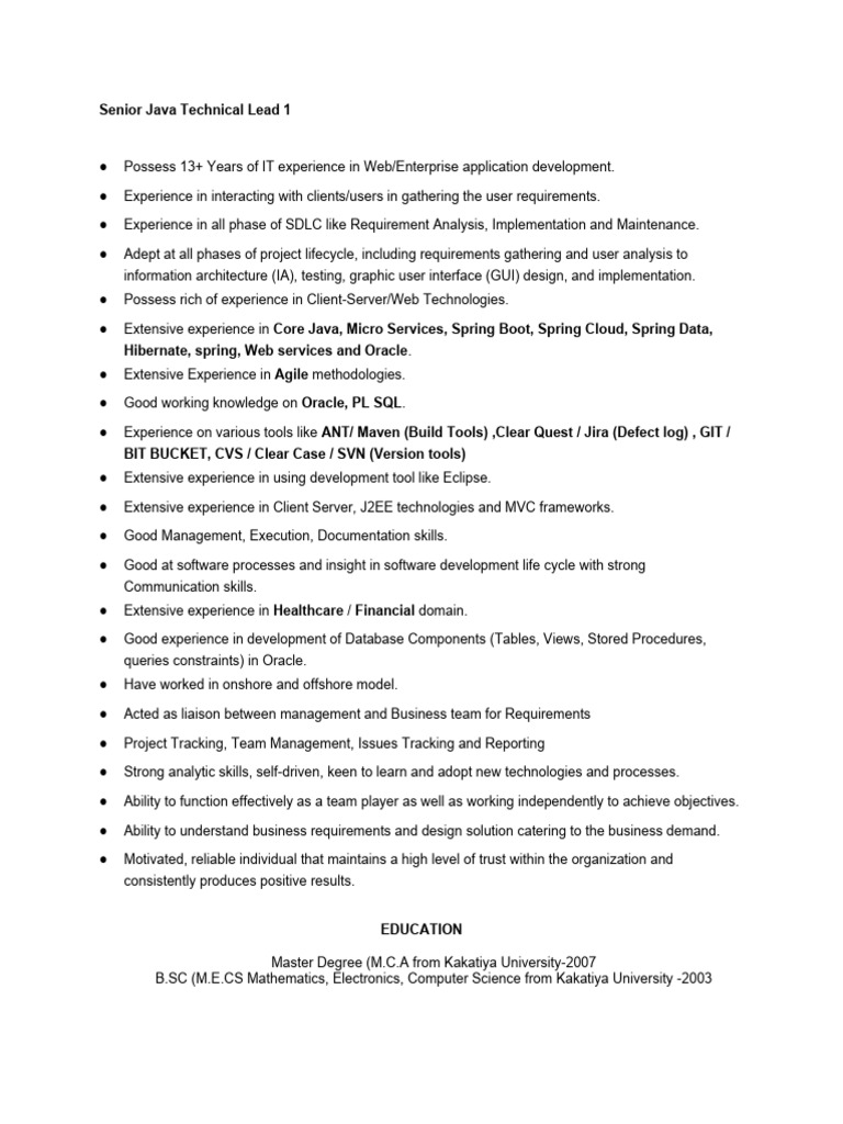Senior Java Technical Lead 1 | PDF | Databases | Software Development Senior Java Technical Lead 1 | PDF | Databases | Software Development