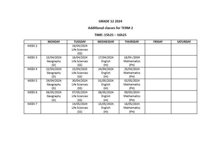 Grade 12 Timetable for 2024 | PDF